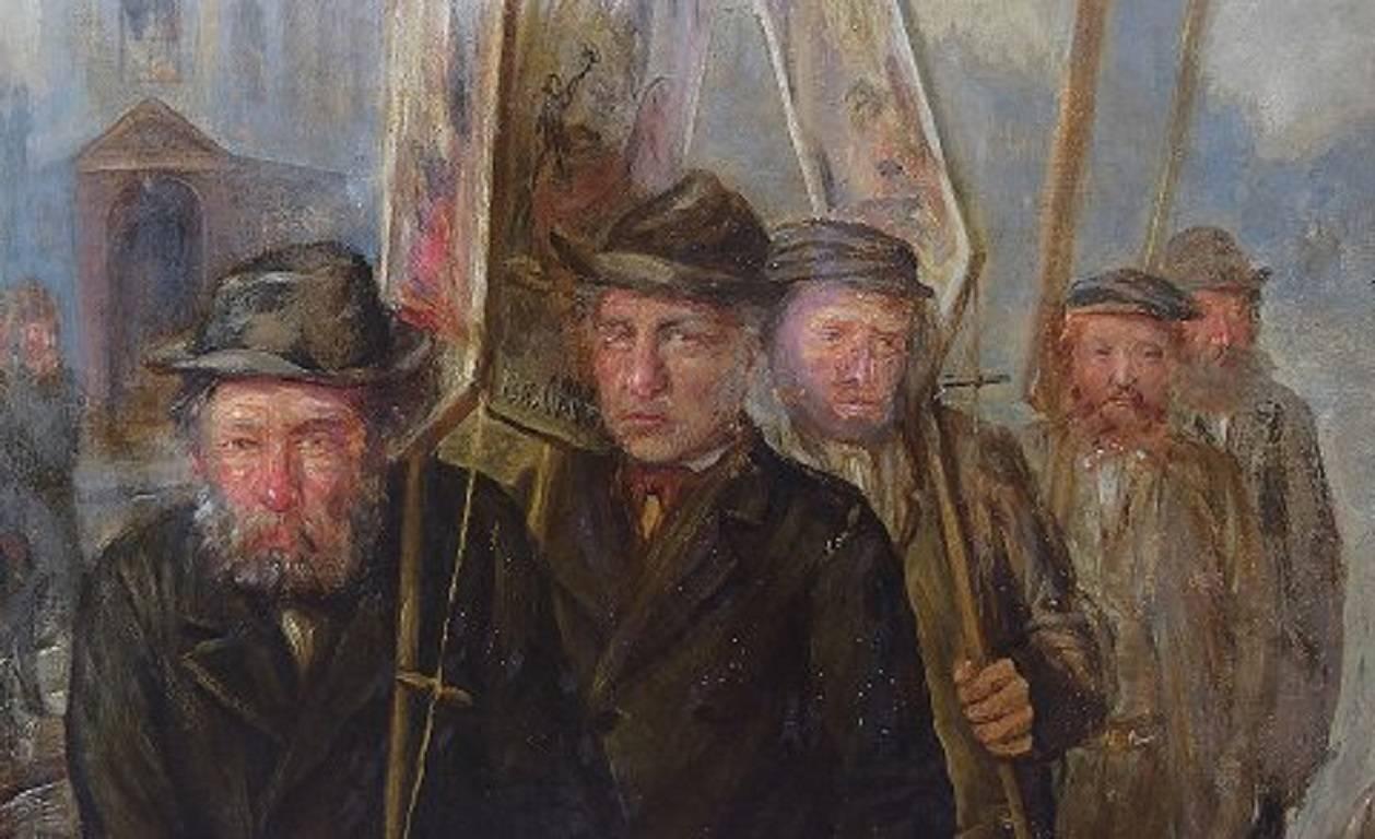 British Artist, G. Scott. Oil on Canvas Demonstration by Workers, circa ...
