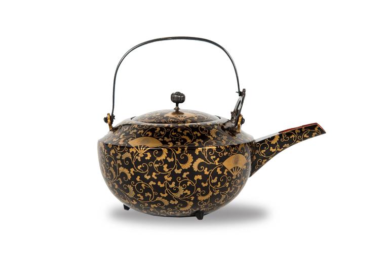 Edo Japanese Lacquered Black and Gold Tea Pot with Satake Mon Family ...