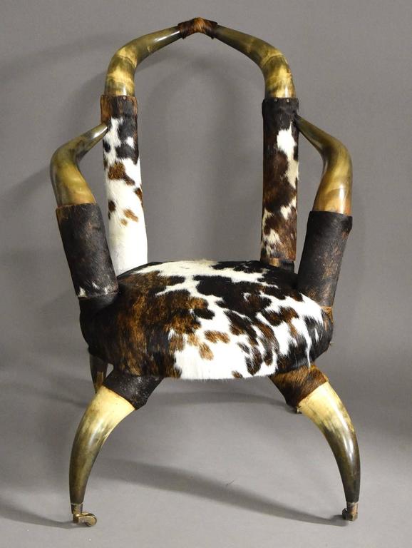 Rare Late 19th Century Decorative Bull Horn Armchair, Re-Upholstered in ...