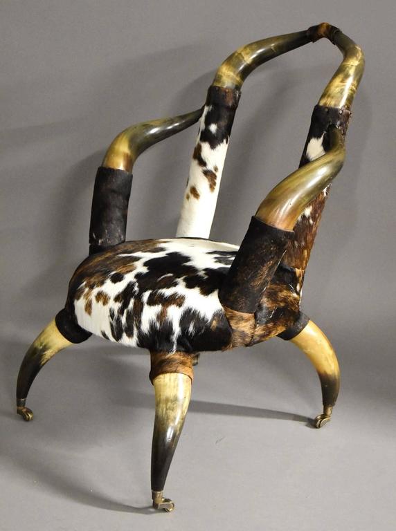 Rare Late 19th Century Decorative Bull Horn Armchair, Re-Upholstered in ...
