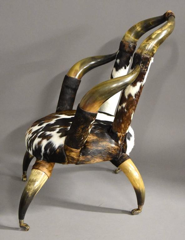 Rare Late 19th Century Decorative Bull Horn Armchair, Re-Upholstered in ...