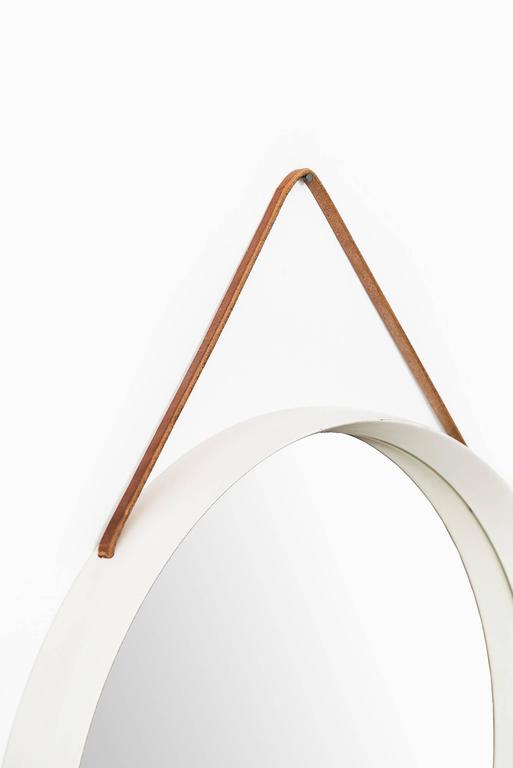 White Lacquered Round Mirror with Leather Strap For Sale at 1stDibs