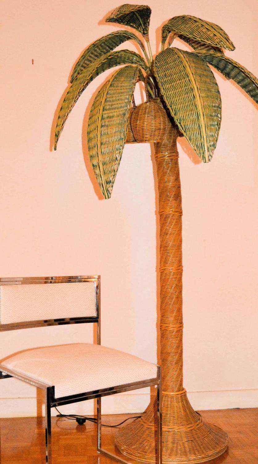 1970s Large Palm Tree Floor Lamp In Rattan At 1stdibs