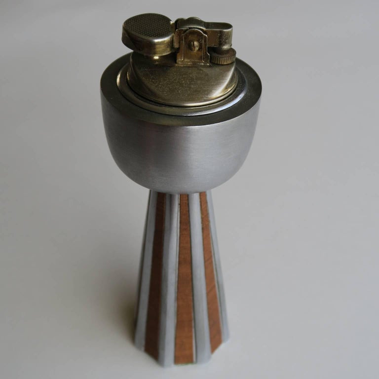 Vintage American Modern Brushed Silver and Wood Table Top Lighter by ...