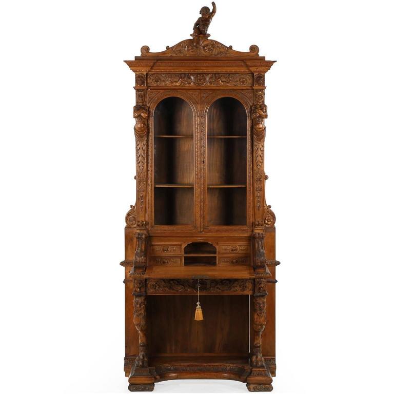 Italian Renaissance Revival Antique Secretary Desk with Bookcase, 19th ...