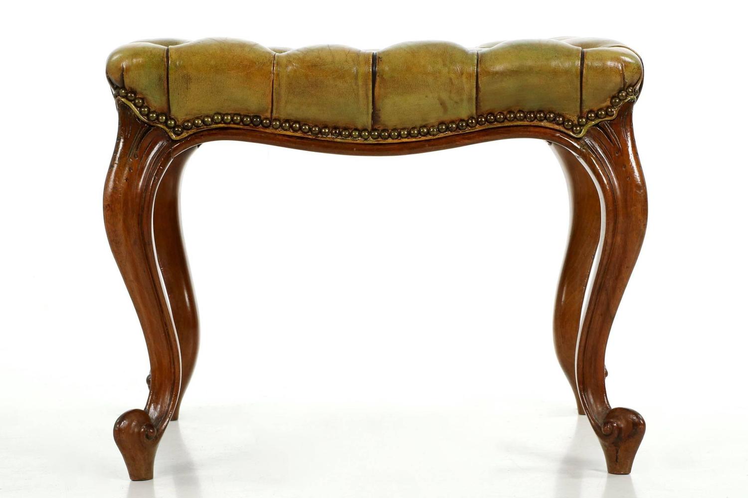 French Rococo Green Tufted Leather Antique Footstool Ottoman For Sale ...