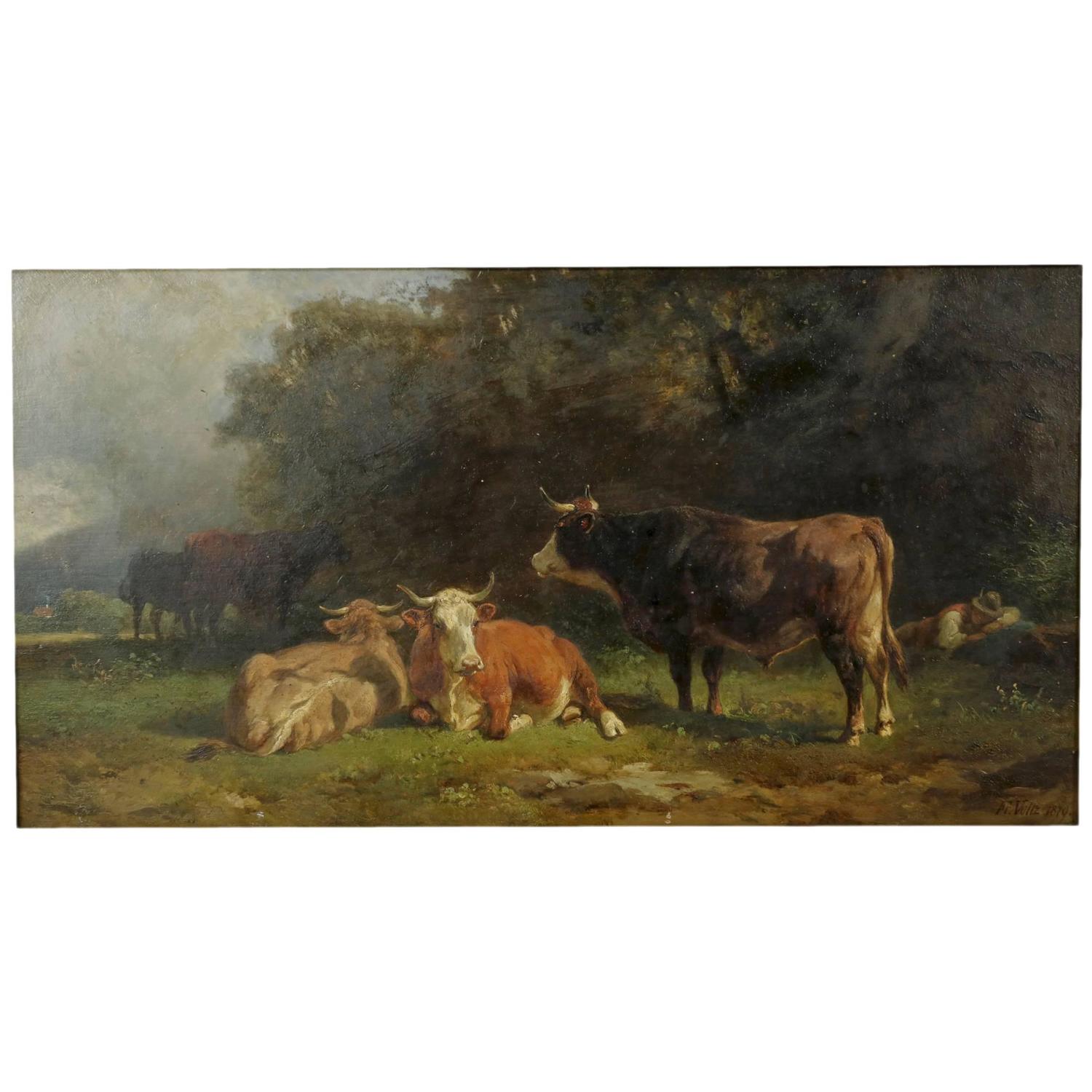 Friedrich Johann Voltz Antique Painting "Cattle and Cowherd Resting ...