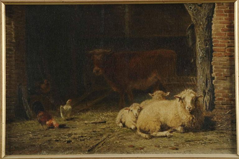 Frans Lebret, Antique Farmyard Painting of Sheep and Cow at 1stDibs