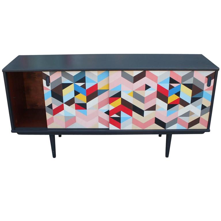 Striking Custom Painted Geometric Sliding Door Sideboard at 1stDibs
