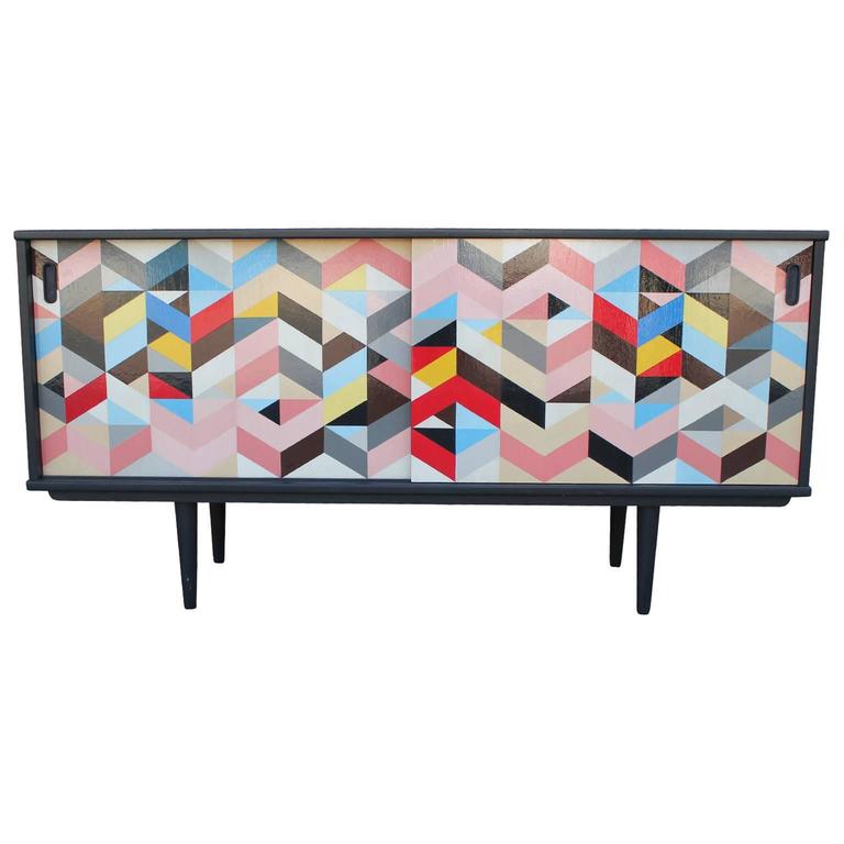 Striking Custom Painted Geometric Sliding Door Sideboard at 1stDibs