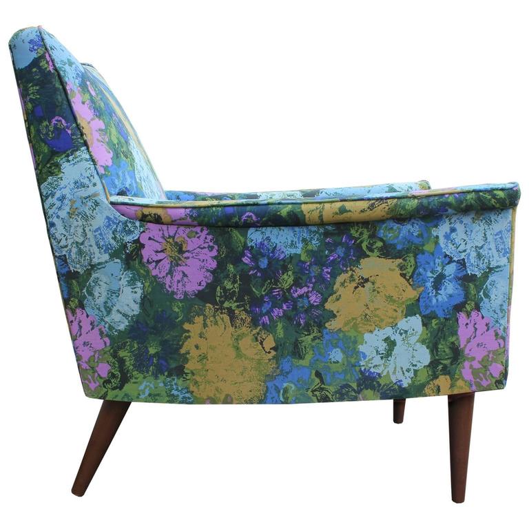 Blue Green and Pink Floral Mid Century Modern Lounge Chair with Walnut ...
