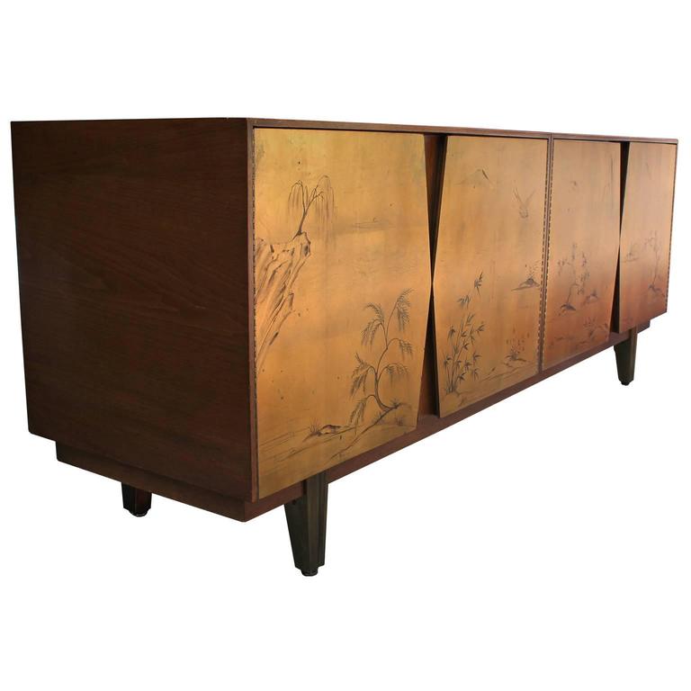 Fabulous Two-Tone Gold Leaf Sideboard with Asian Motifs at 1stDibs