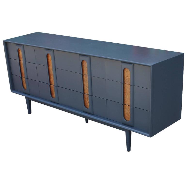 Sculptural Blue Grey Stained Dresser with Burl Accents at 1stdibs