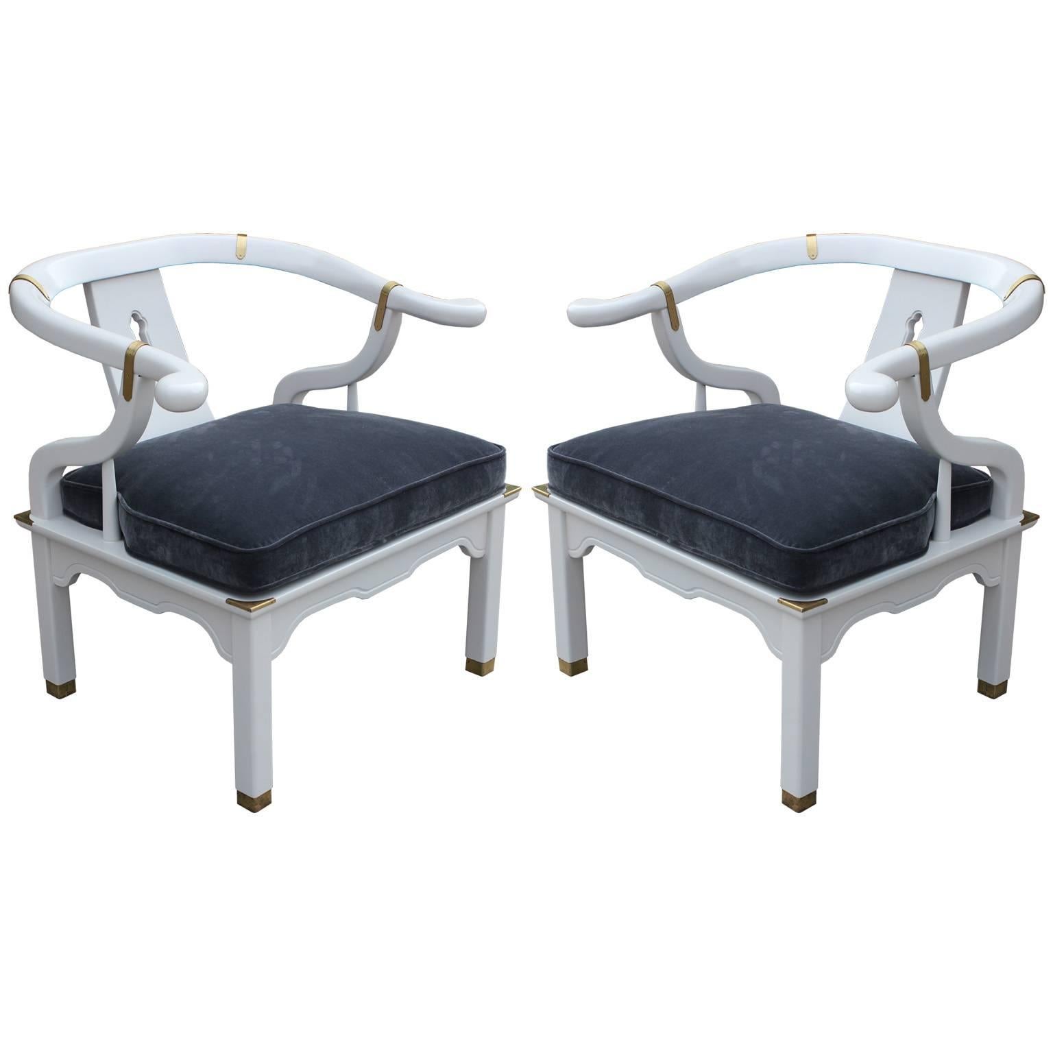 Pair of Modern White Lacquer and Gray Velvet Barrel Back Asian Lounge ...