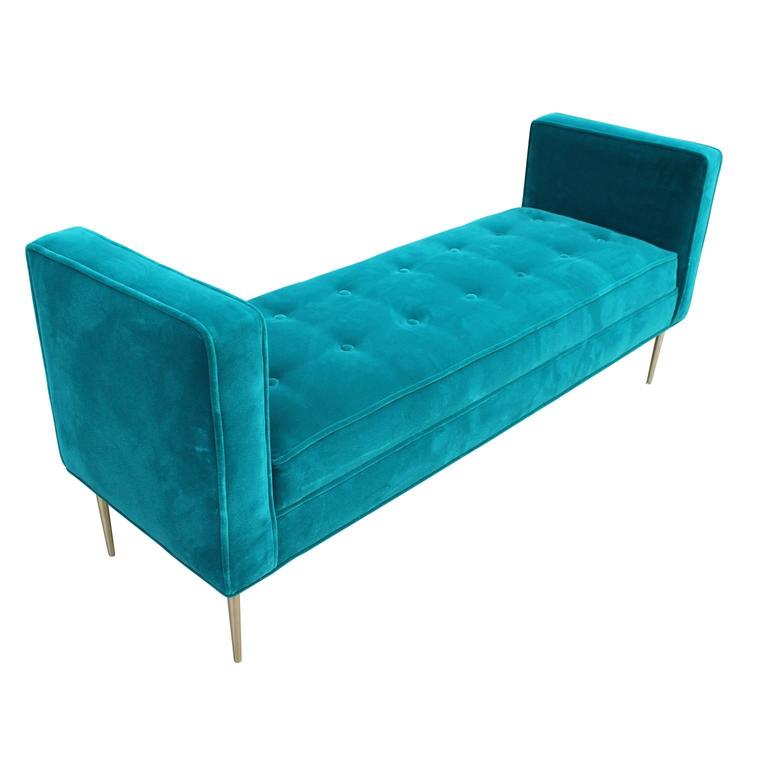 Modern Tufted Armed Bench in Teal Turquoise Velvet with Brass Legs at ...