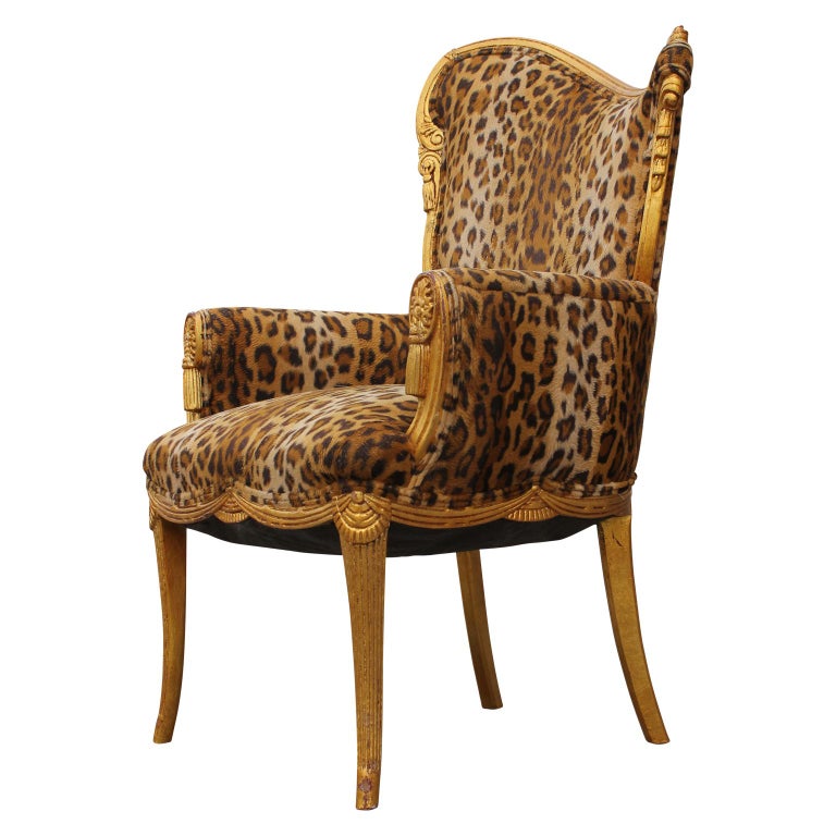 Pair of Gold Leaf Cheetah Print Reupholstered Fireside Chairs at ...
