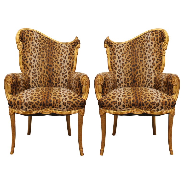 Pair of Gold Leaf Cheetah Print Reupholstered Fireside Chairs at ...