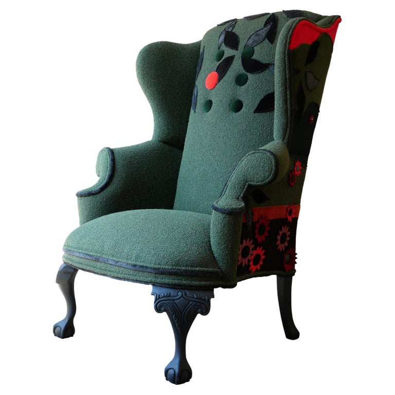 "Magritte Sunset II" Green and Red Wingback Armchair by Mary Beth ...
