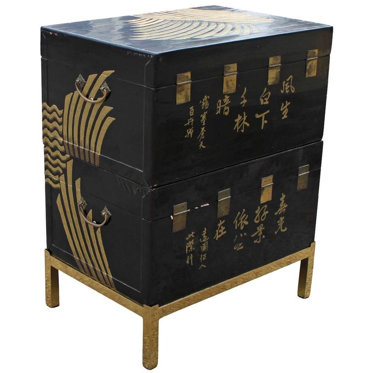 Stacked Asian Black Lacquer and Gold Stacked Chests at 1stDibs