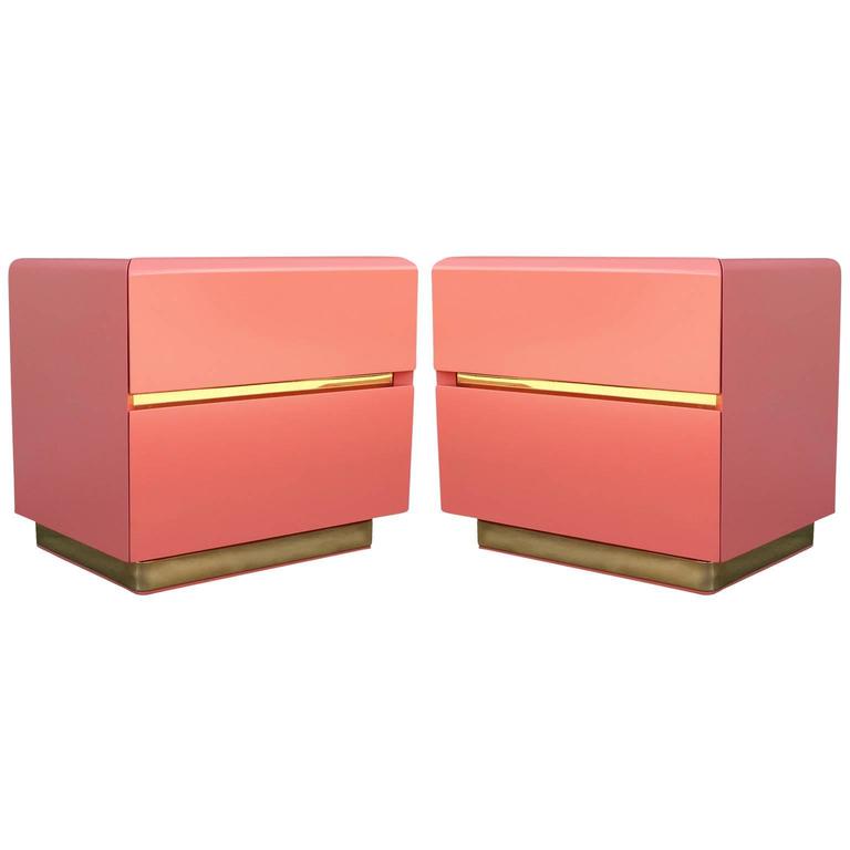 Glamorous Pair of Coral Lacquer and Brass Nightstands at 1stDibs