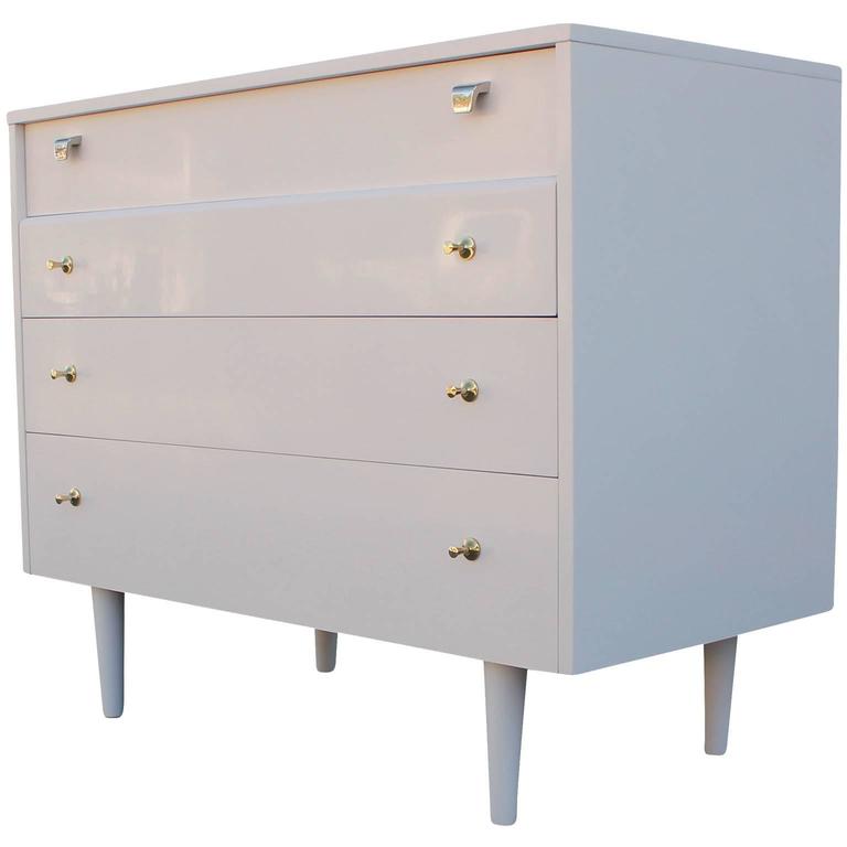 Modern Sleek Neutral Lacquered Four Drawer Chest with Brass Handles at ...
