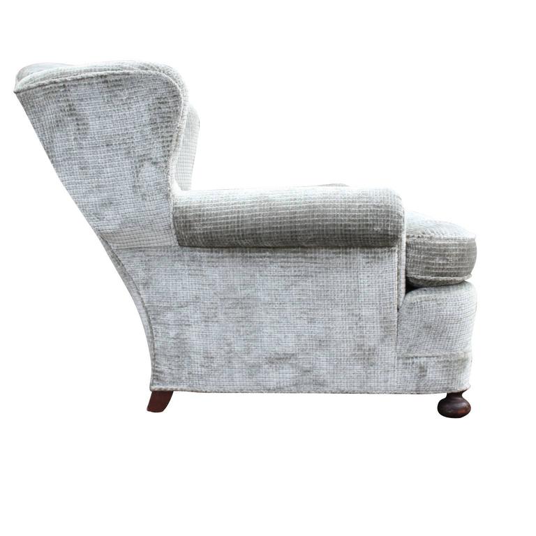 Deep Wingback Bun Foot Lounge Chair in Soft Grey Velvet at 1stDibs