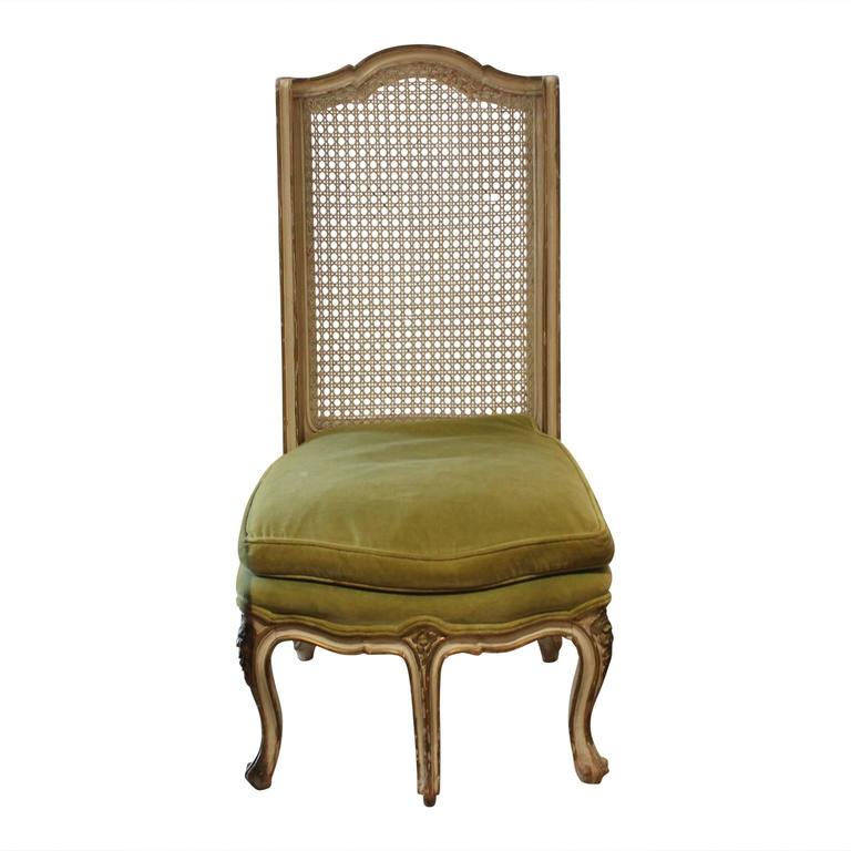 French Louis XIV Five Legged Cane Back Chair in Green Velvet at 1stDibs
