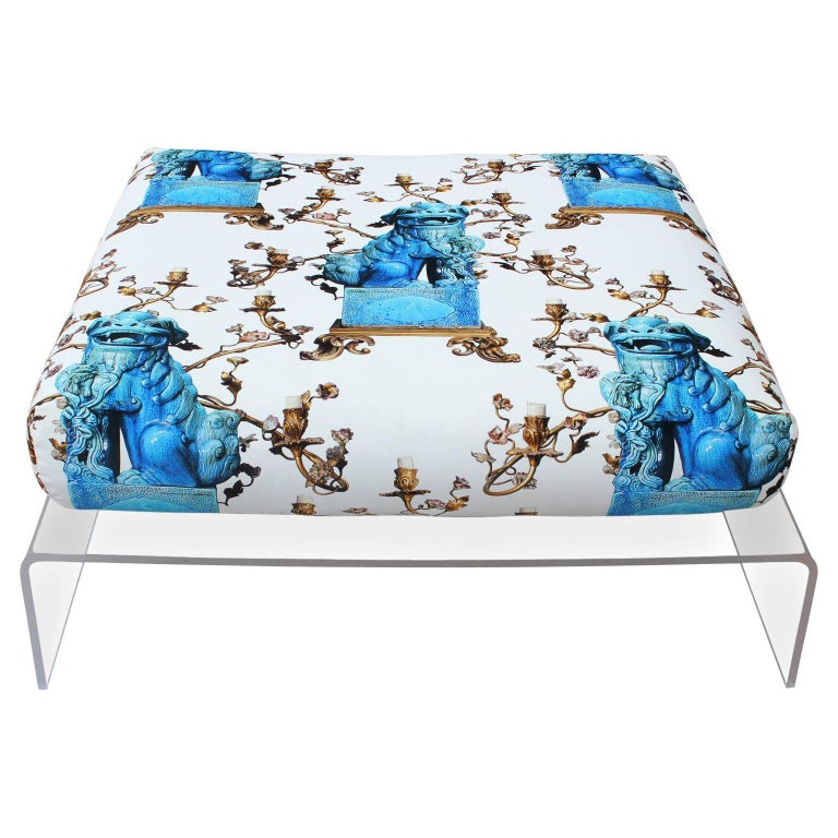 Modern Waterfall Style Lucite Ottoman/Coffee Table in Foo Dog Patterned ...