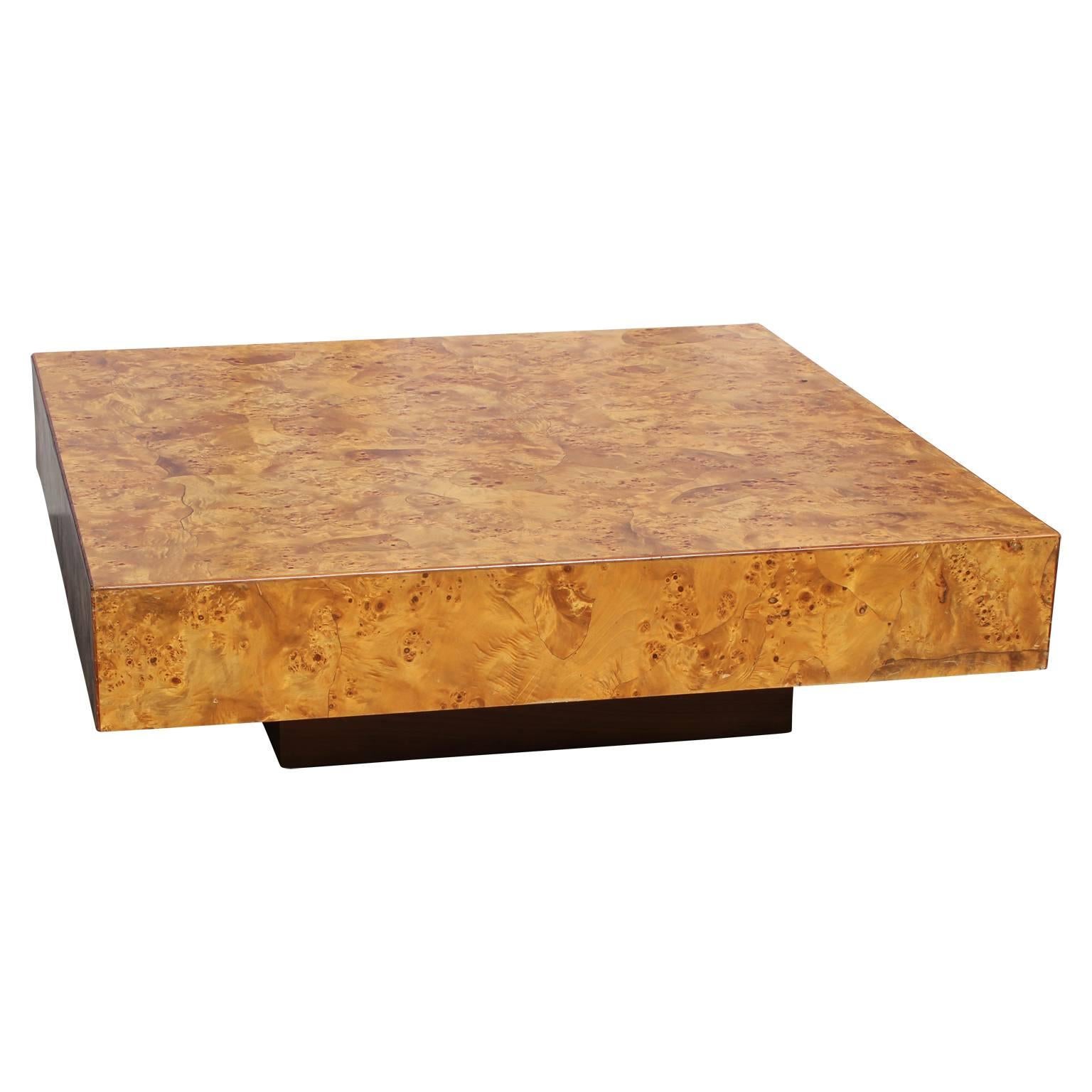 Modern Italian Milo Baughman Style Square Burl Wood Coffee Table at 1stDibs