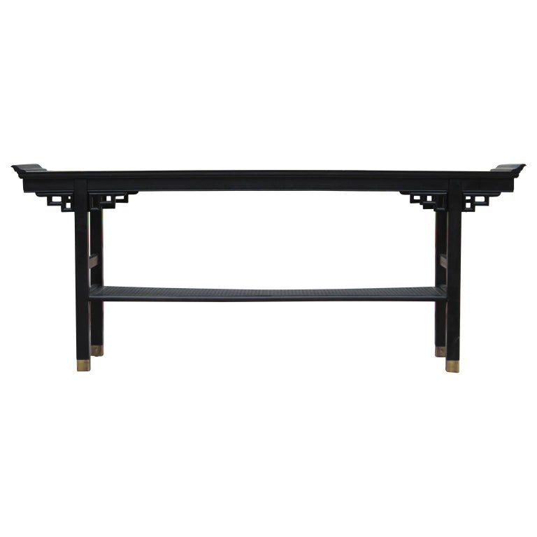 Modern Two-Tiered Pagoda Style Black Console Table with Cane with Brass ...