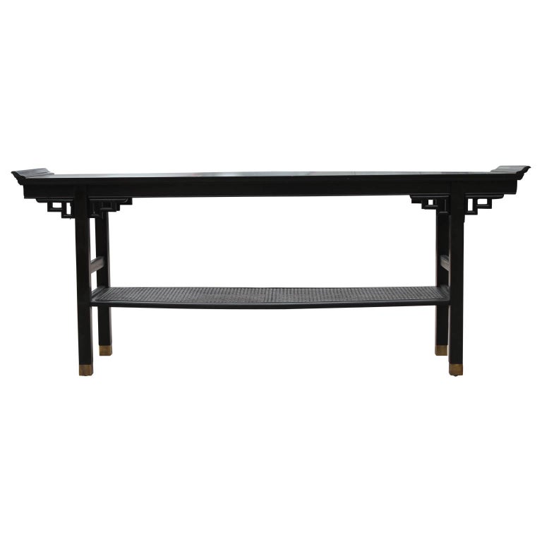 Modern Two-Tiered Pagoda Style Black Console Table with Cane with Brass ...