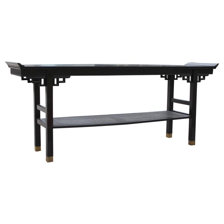 Modern Two-Tiered Pagoda Style Black Console Table with Cane with Brass ...