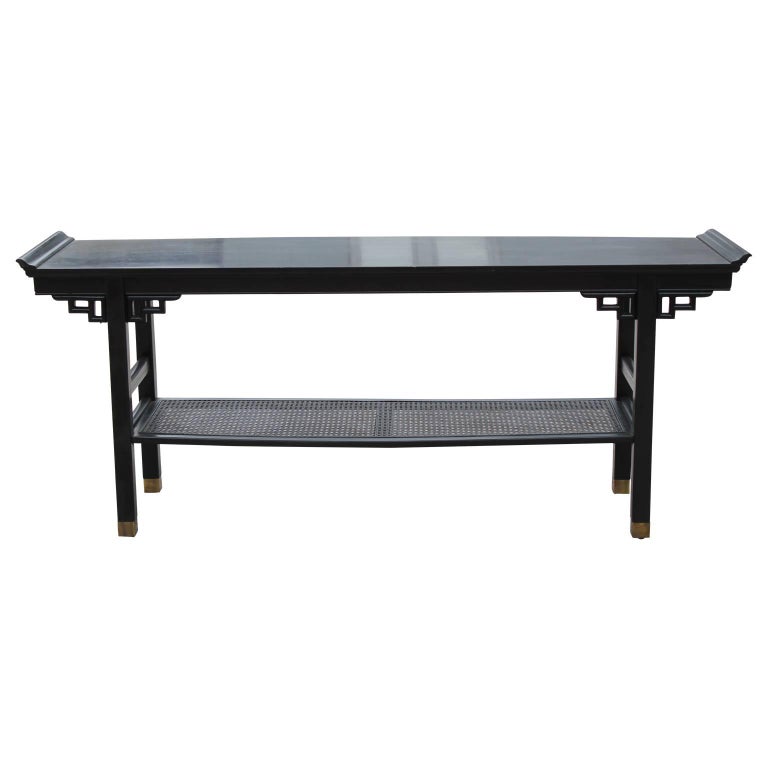 Modern Two-Tiered Pagoda Style Black Console Table with Cane with Brass ...
