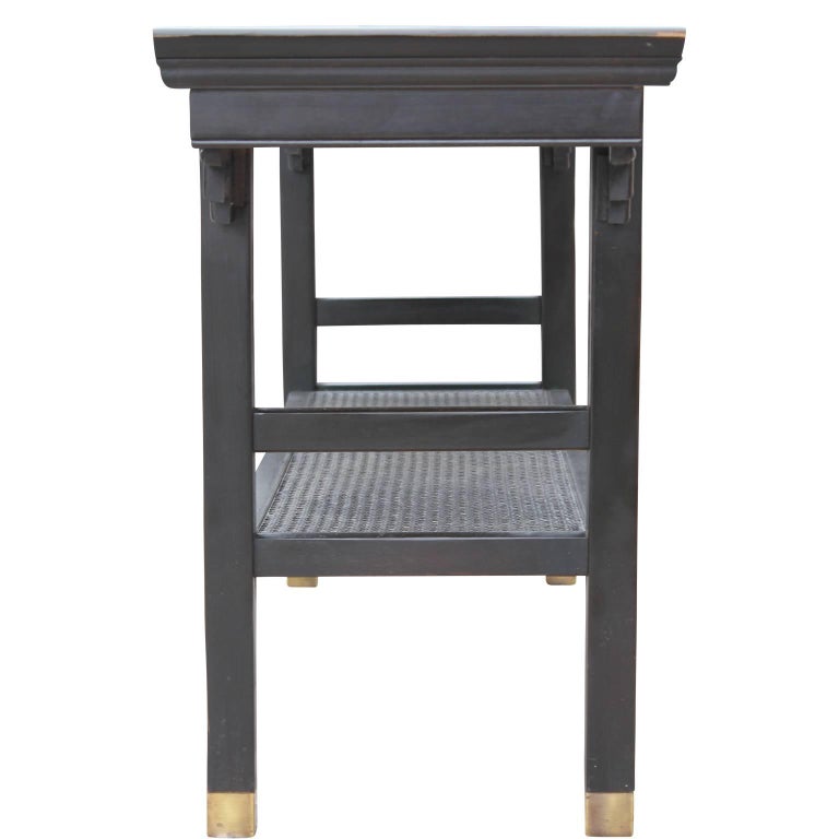 Modern Two-Tiered Pagoda Style Black Console Table with Cane with Brass ...