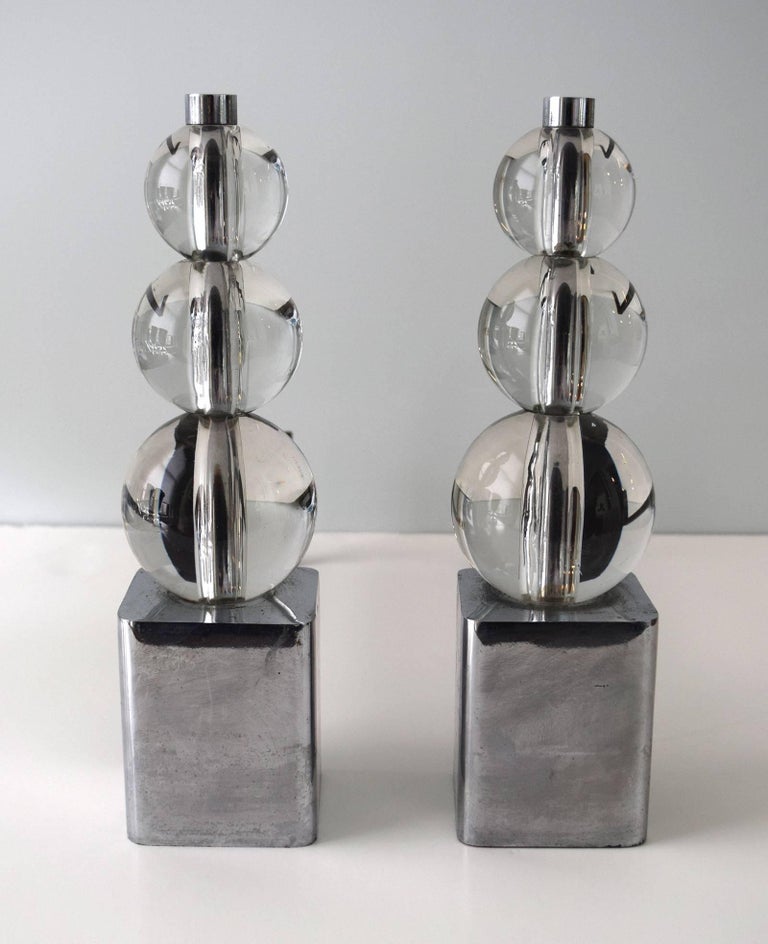 Steuben Glass Andirons with Chrome-Plated Bases from the 1930s at 1stDibs