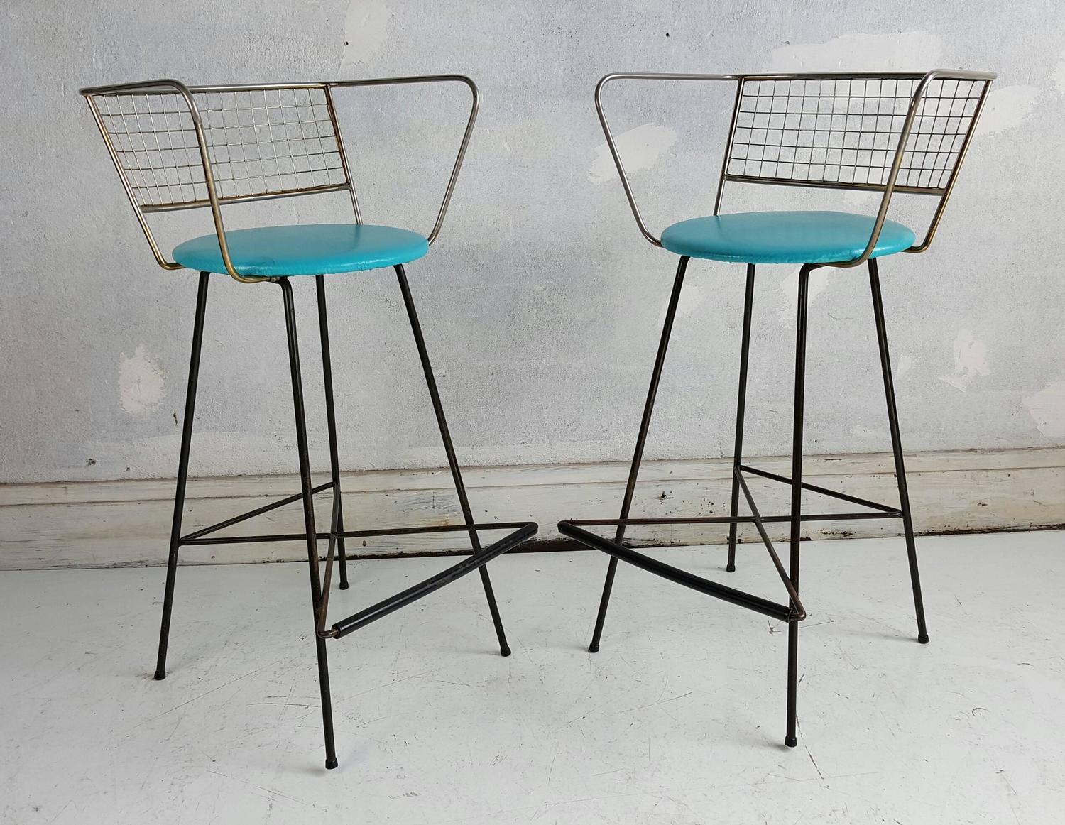 Pair Mid-Century Modern Wire and Brass Bar Stools at 1stdibs