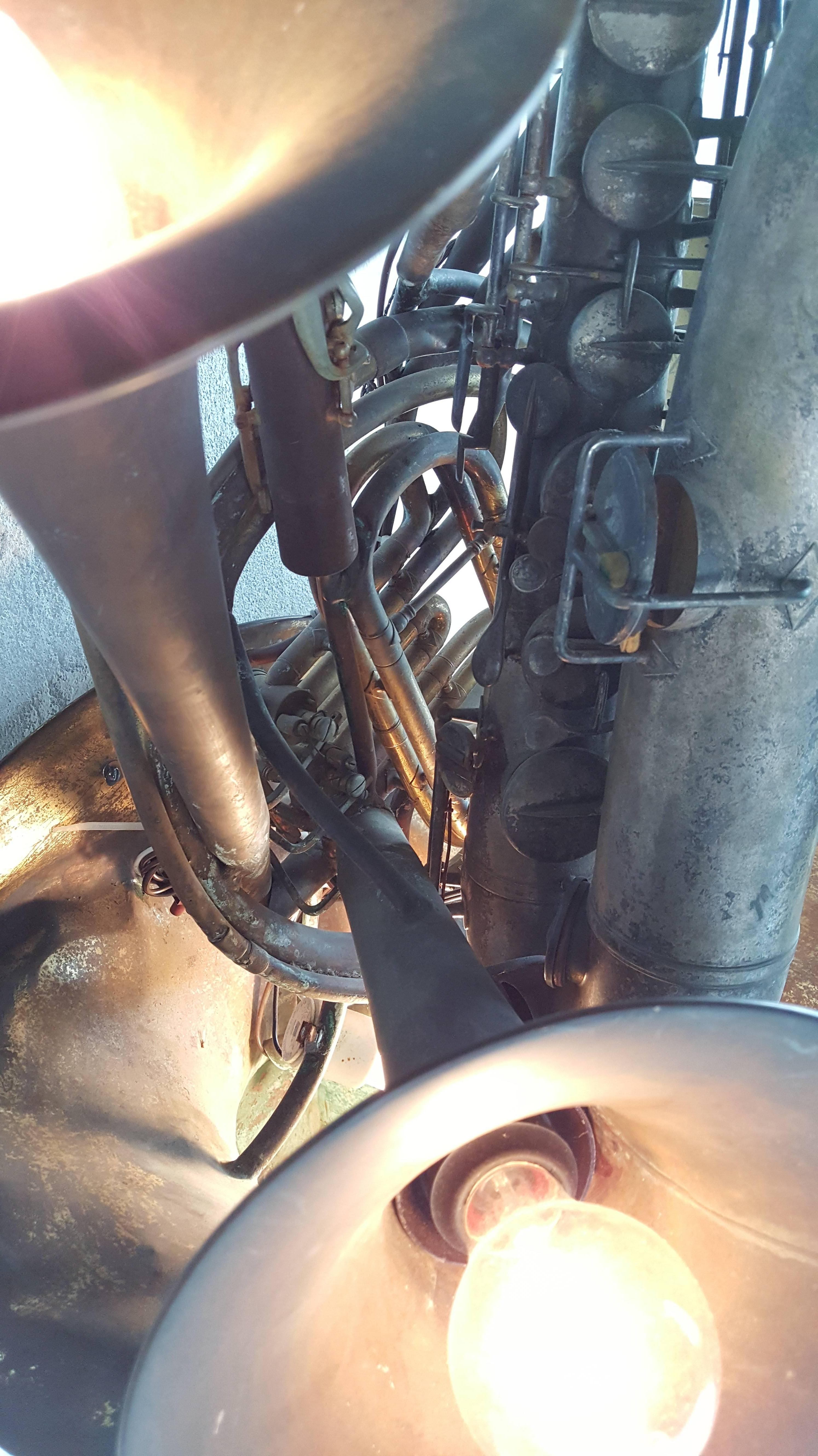 Large Wind Instrument Brass Wall Sconce French Horn, Saxophone at 1stDibs