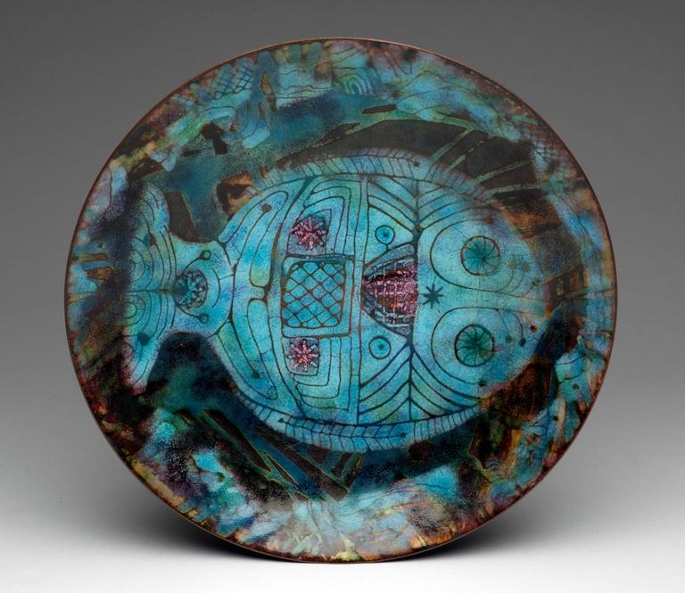 Doris Hall Enamel on Copper Plate with Decorative Fish at 1stdibs