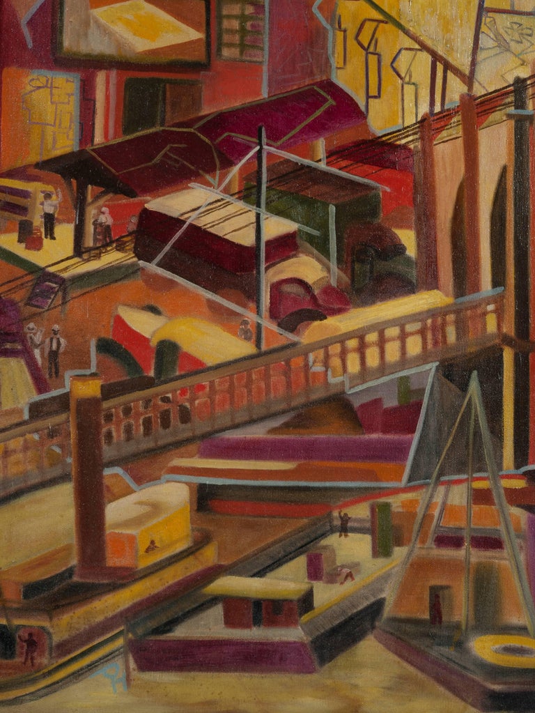 WPA Cubist City Scene Oil Painting Outsider Art at 1stDibs