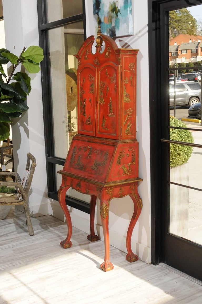1940s Chinese Red Painted Secretary with Gilded Accents and Slant-Front ...