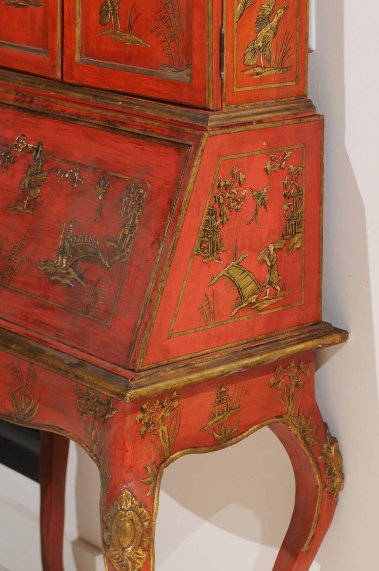 1940s Chinese Red Painted Secretary with Gilded Accents and Slant-Front ...