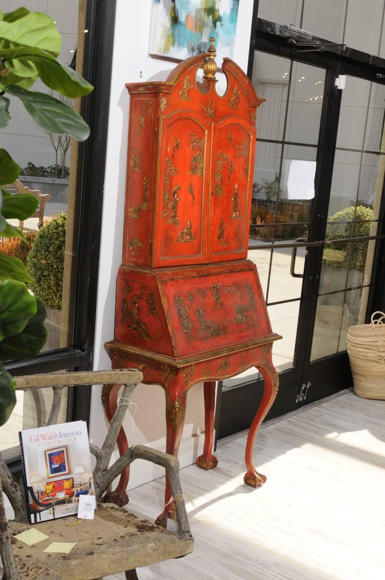1940s Chinese Red Painted Secretary with Gilded Accents and Slant-Front ...