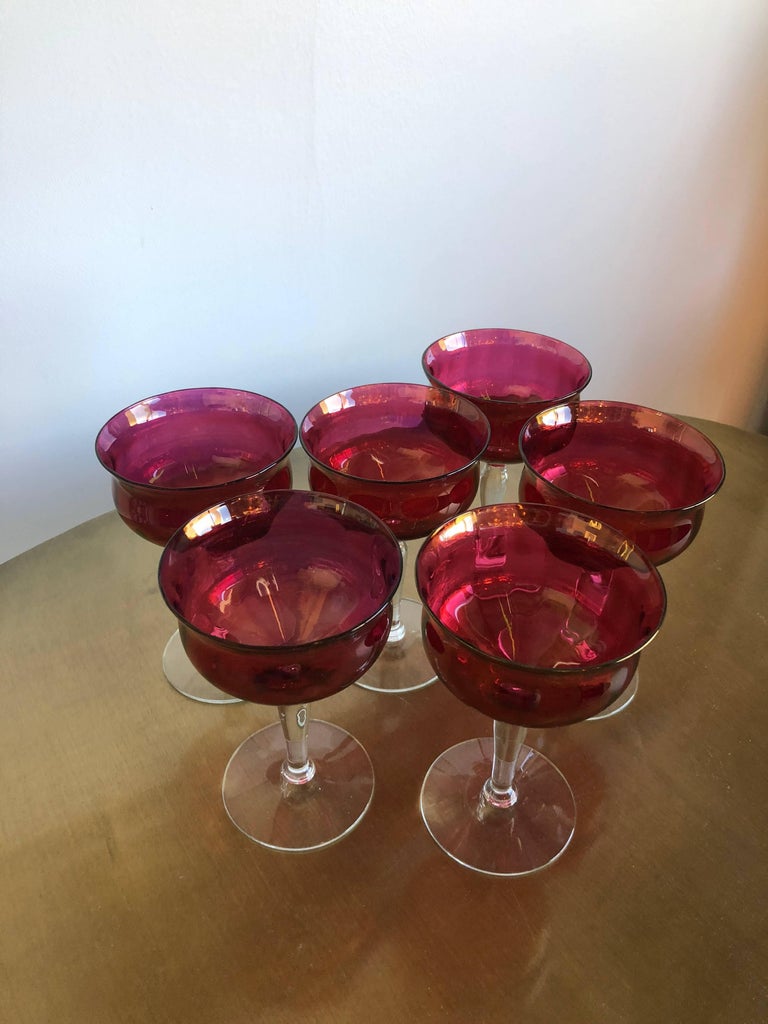 Set of 6 French Ruby Red Crystal with Clear Stem Champagne Coupe ...