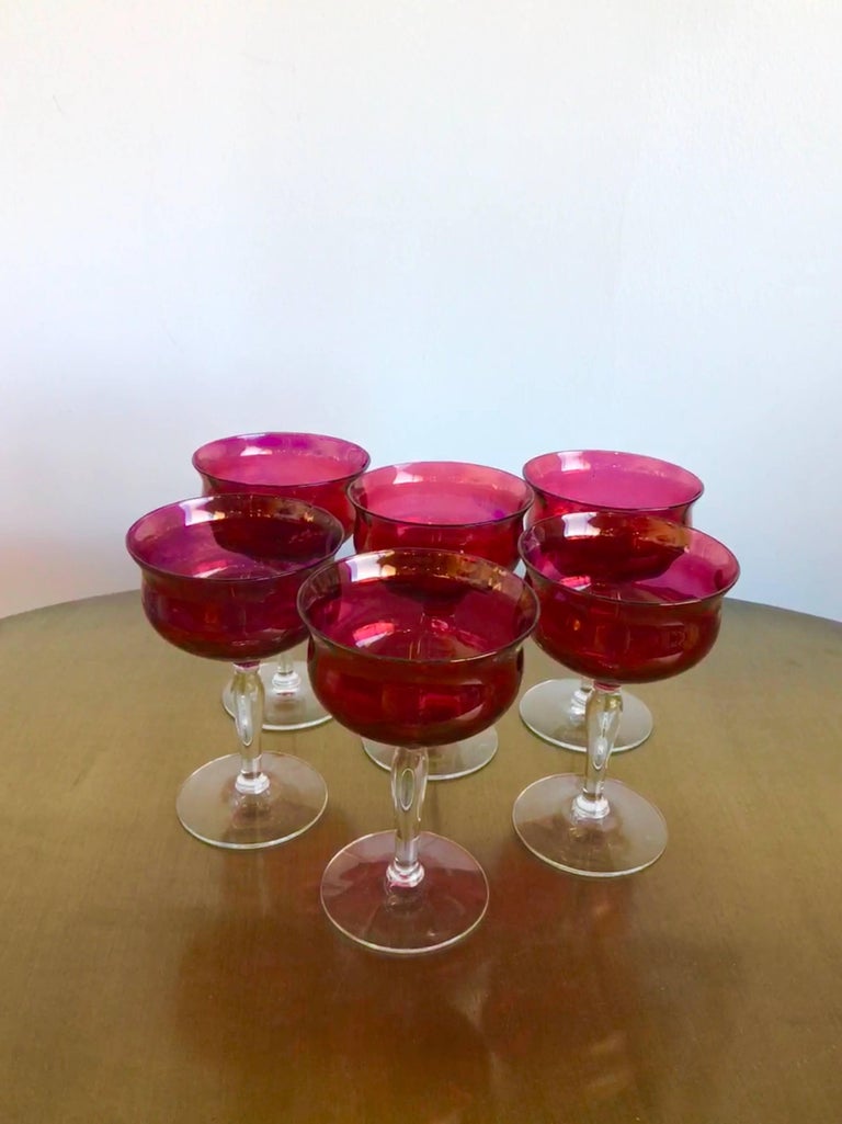 Set of 6 French Ruby Red Crystal with Clear Stem Champagne Coupe Glasses at 1stDibs | french ...