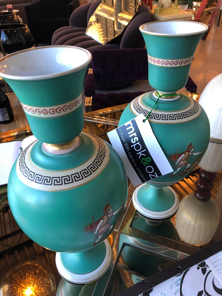 Green, Gold and Black Earthenware Grecian/Roman Themed Greek Key Vases ...