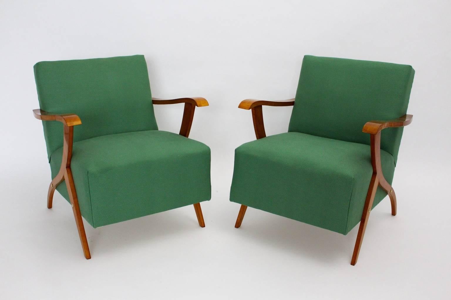Mid Century Modern Vintage Green Fabric and Wood Lounge Chairs, 1950s ...