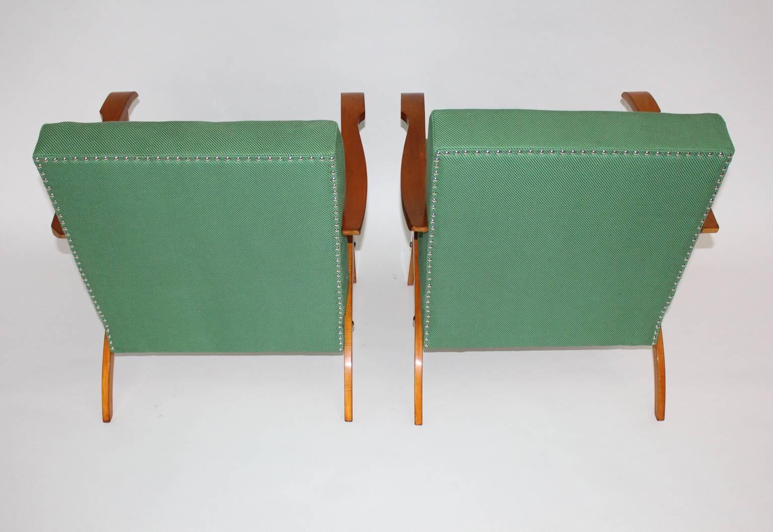 Mid Century Modern Vintage Green Fabric and Wood Lounge Chairs, 1950s ...