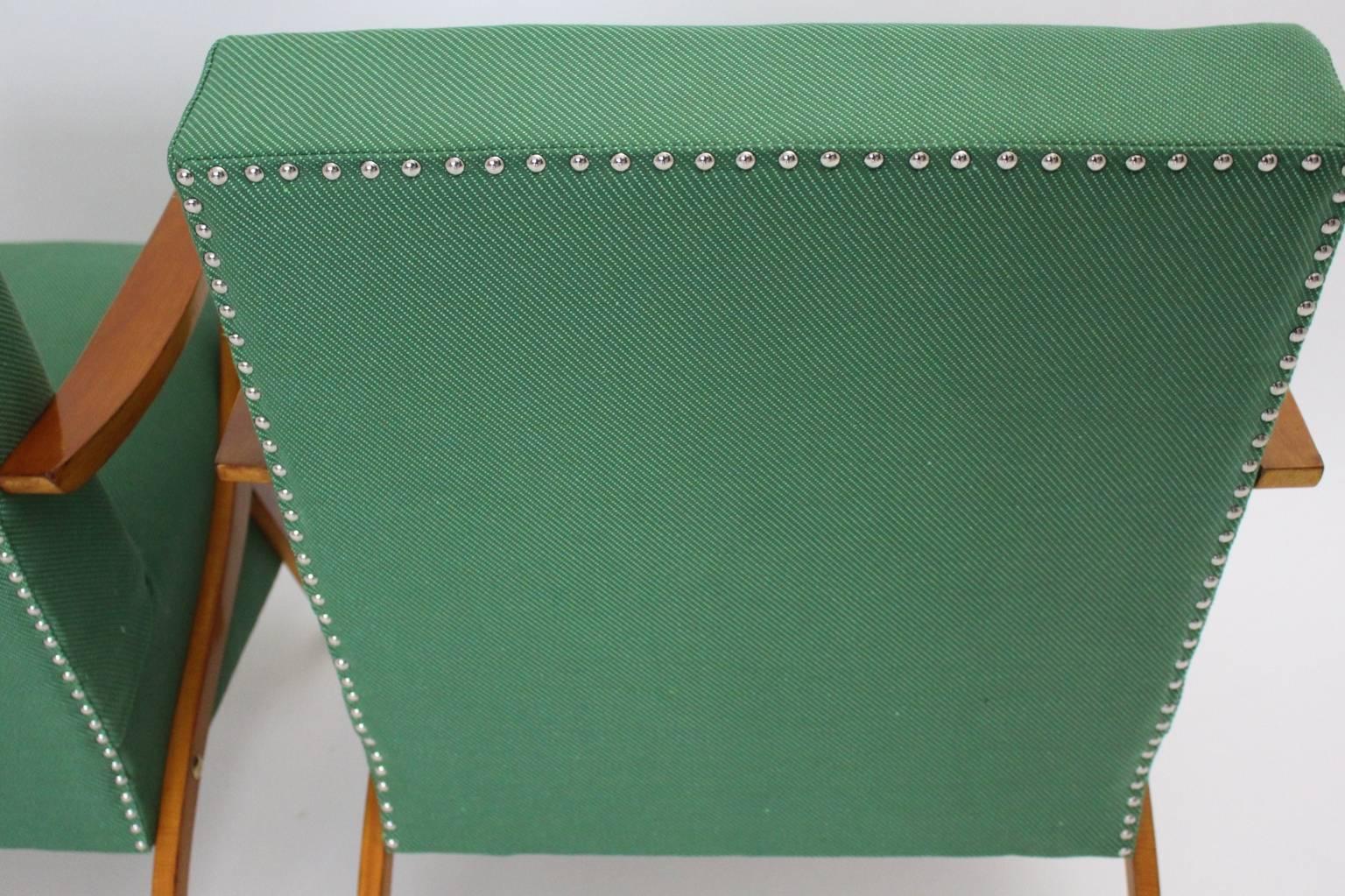 Mid Century Modern Vintage Green Fabric and Wood Lounge Chairs, 1950s ...