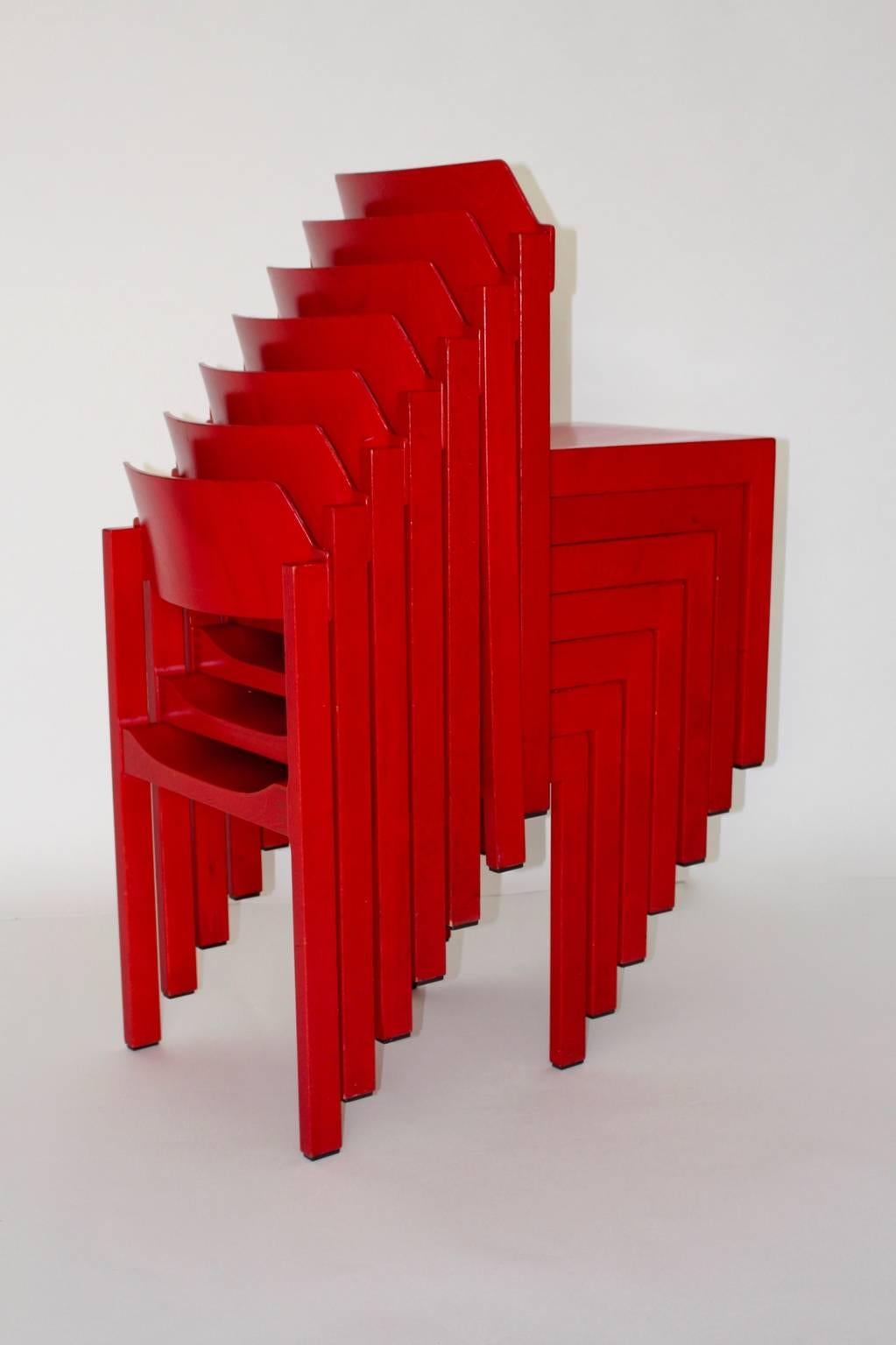 Mid Century Modern Red Vintage Beech Dining Room Chairs Rainer Schell ...