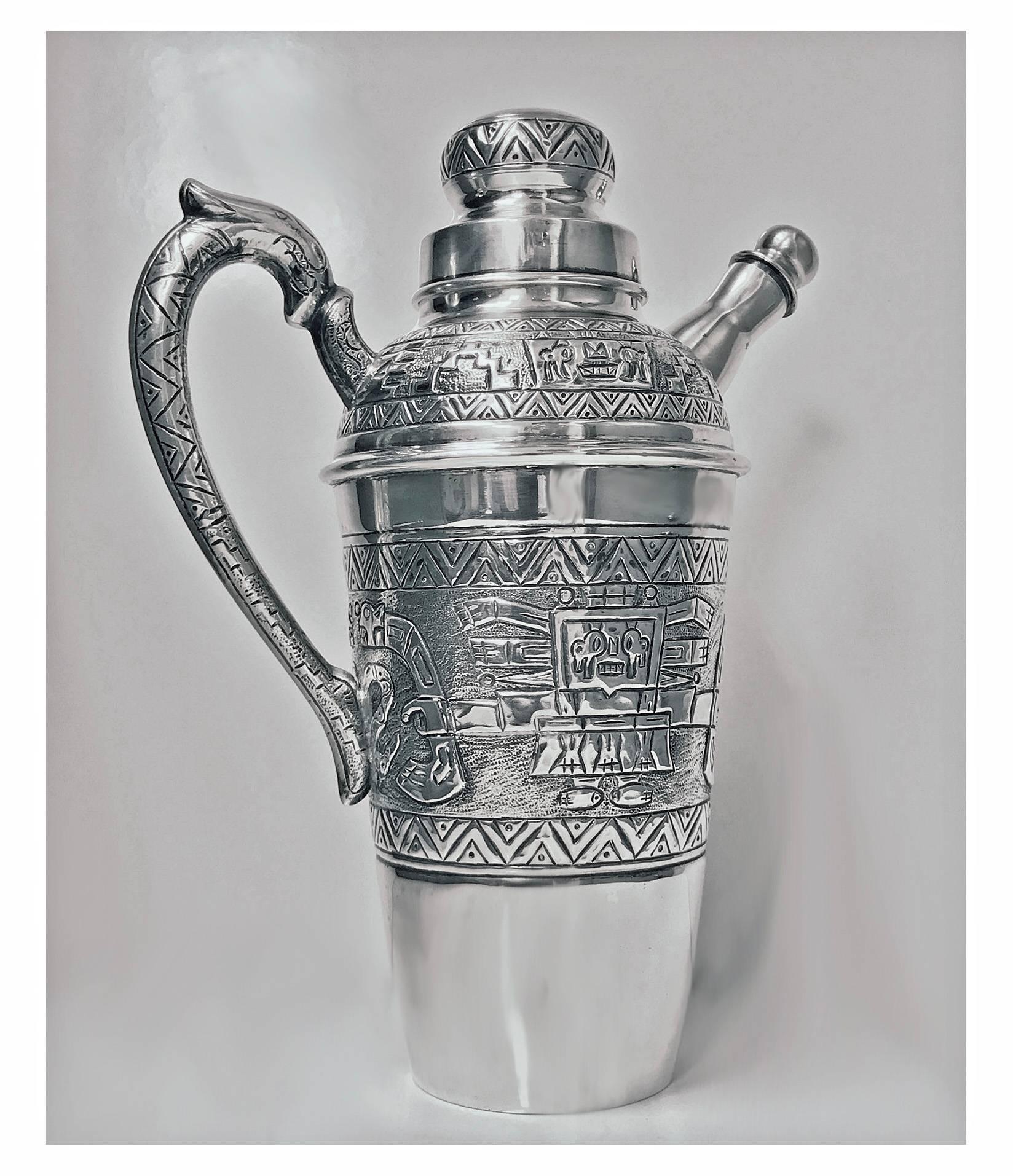 Silver Cocktail Shaker, Aztec Design, South American, circa 1930 at 1stDibs